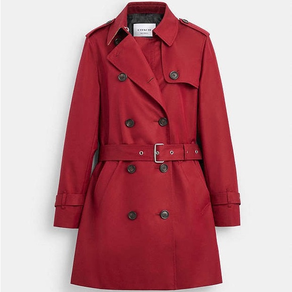 Coach | Jackets & Coats | Coach Red Trench Coat With Belted Waist And ...